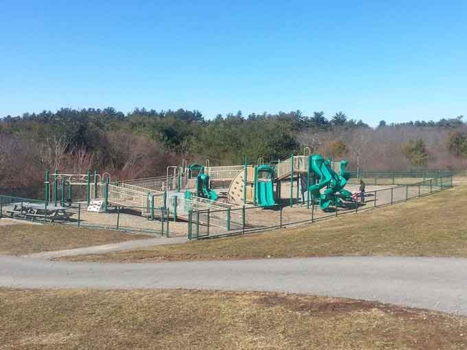 This sprawling playground complex offers enough climbing structures and slides to keep kids entertained until the streetlights come on.