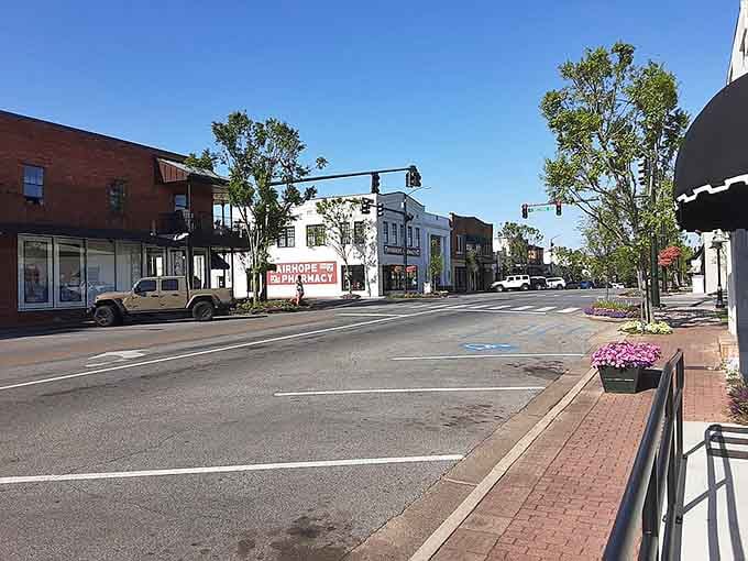 Wide sidewalks and blooming flowers frame a main street where every storefront could hide your new favorite lunch spot.