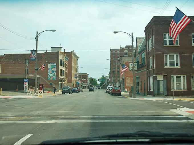 American flags wave proudly over Freeport's brick downtown, where the spirit of the Midwest greets you right through the windshield.