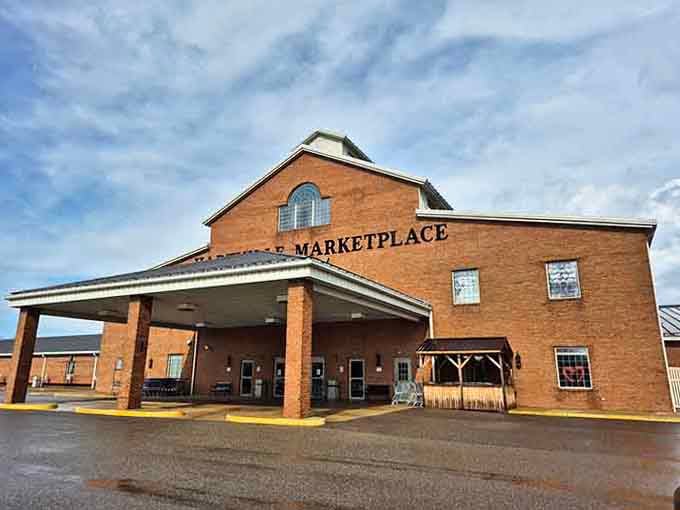 That grand brick entrance means business — Hartville MarketPlace arrives like the headliner at a very well-organized county fair.