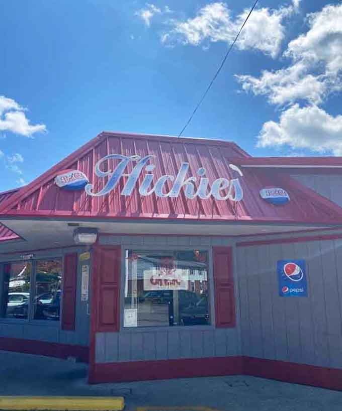 That bold cursive "Hickie's" painted across a cherry-red roof is small-town Ohio showing off its very best personality.