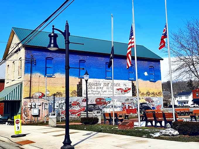 A bold "Cruisin the River" mural splashed across a blue and gold building tells you Lowellville knows how to celebrate.