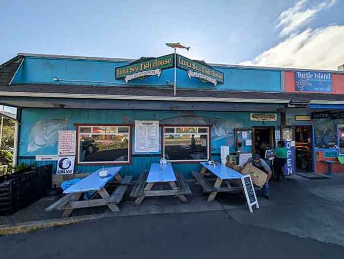 Picnic tables, ocean murals, and an open sign, Luna Sea Fish House is coastal dining done right.