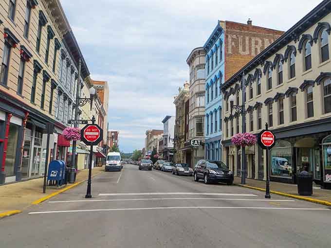 Maysville's wide main street stretches toward the river like an open invitation, with faded ghost signs whispering stories from another era.