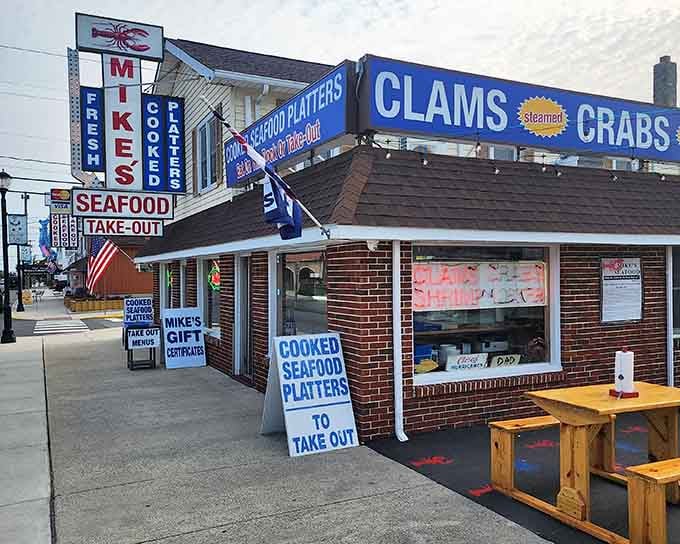 Every sign at Mike's is shouting "clams, crabs, shrimp," and honestly, it's the most persuasive argument you'll hear all week.