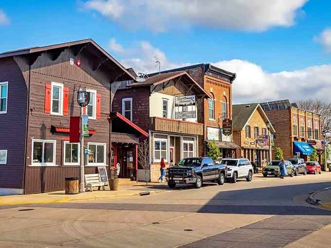Dark timber facades and chalkboard menus set the tone in New Glarus, a town that proudly embraces its rich heritage.