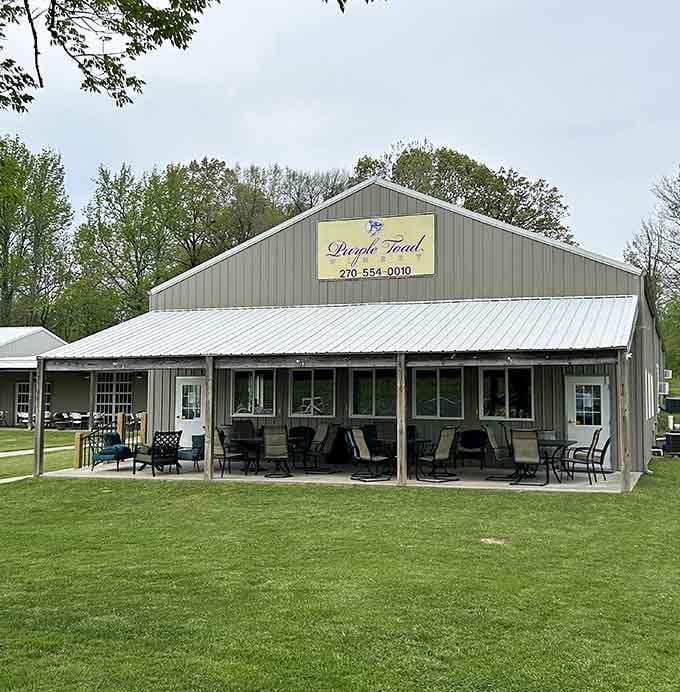 That covered porch lined with patio chairs is basically the universe telling you to sit down, relax, and pour a glass.