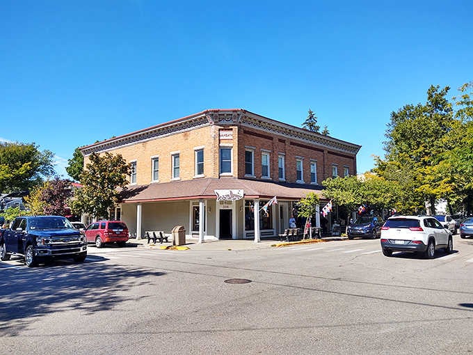 This handsome brick corner building in Saugatuck looks like it's been holding downtown together with quiet, dignified confidence for generations.