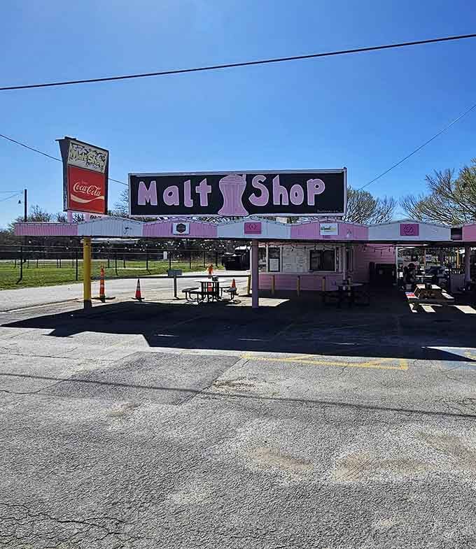 That bold pink building under a wide Texas sky is basically shouting, "Hey, happiness is served here!"