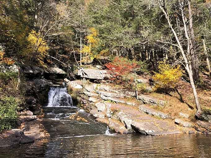 Autumn's paintbrush transforms this rocky cascade into a masterpiece worthy of any gallery wall back home.
