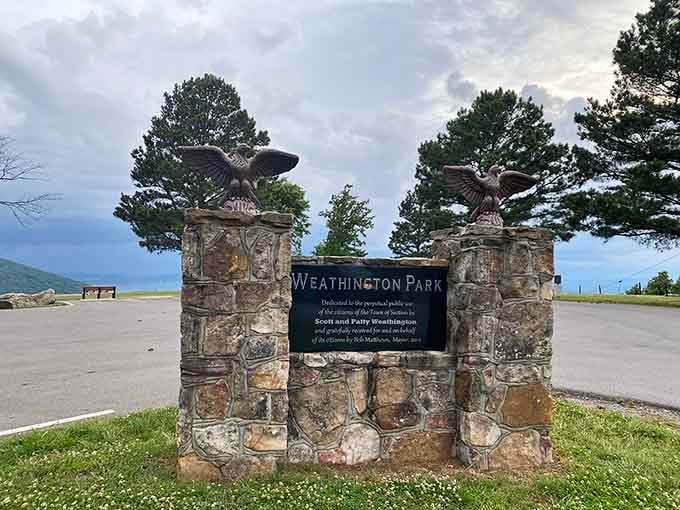 Two bronze eagles guard this Lookout Mountain entrance like they know exactly what kind of view waits behind them.