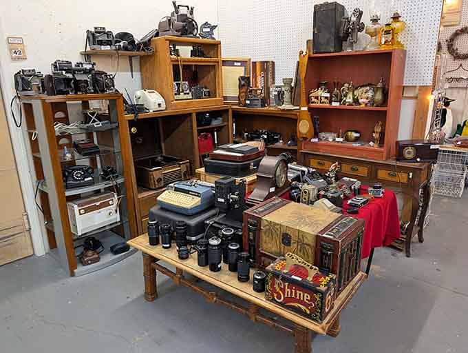 Vintage cameras and typewriters arranged like museum pieces remind us when craftsmanship meant something built to last generations.