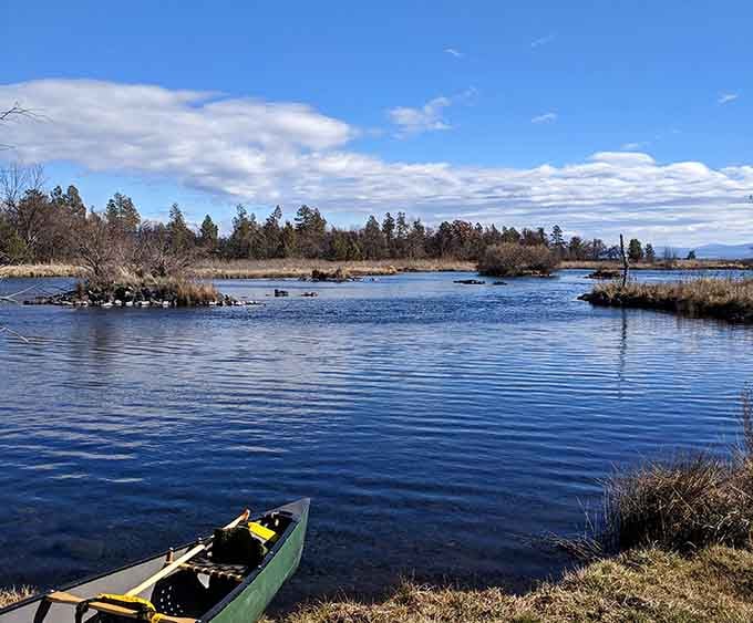 A canoe waiting at the shoreline invites you to explore waterways where silence is the only soundtrack.