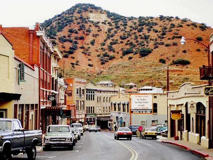 The Mule Mountains loom large over Bisbee's historic downtown, giving every street corner serious dramatic flair.