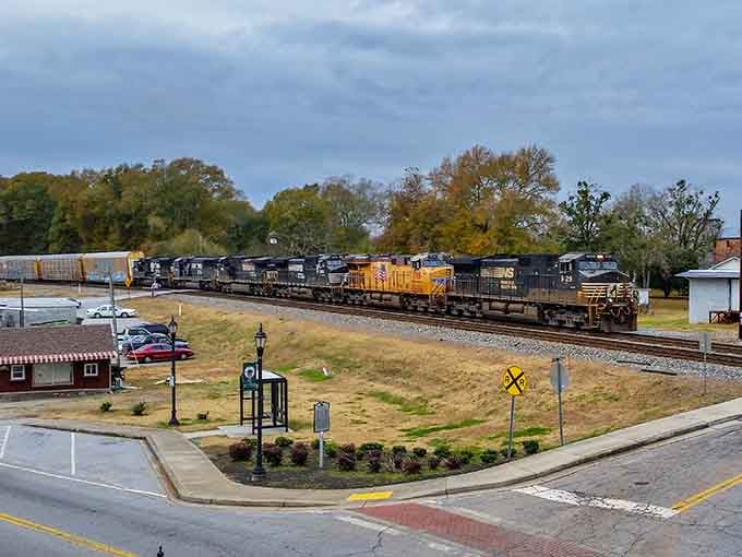 That bold yellow Union Pacific engine rolls through Central's town square like a moving postcard.
