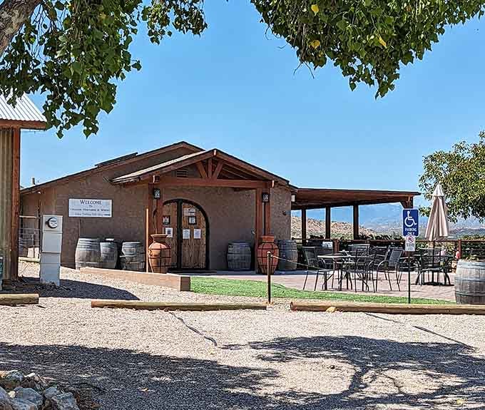 Shaded patio seating, wine barrels lining the path, and those gorgeous hills stretching endlessly beyond the tasting room.