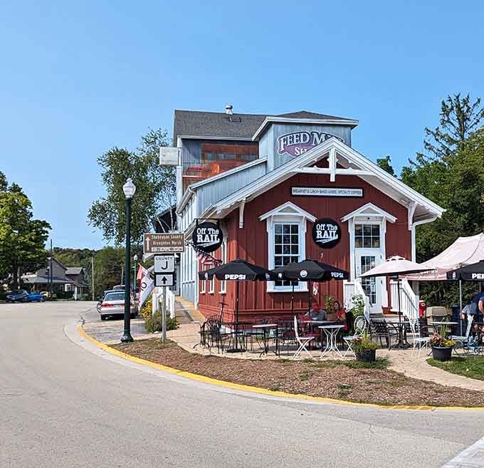 Off The Rail's cheerful red building sits beside the old Feed Mill, serving breakfast and lunch with serious small-town swagger.