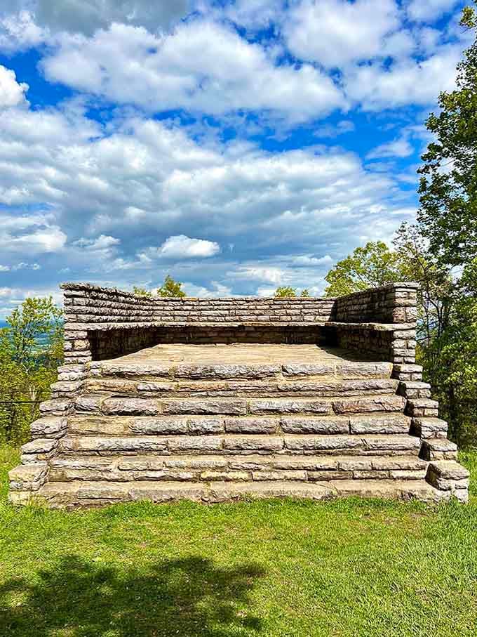 This handsome stacked-stone structure on the mountain ridge looks like nature's own throne room, built for anyone who earned the climb.