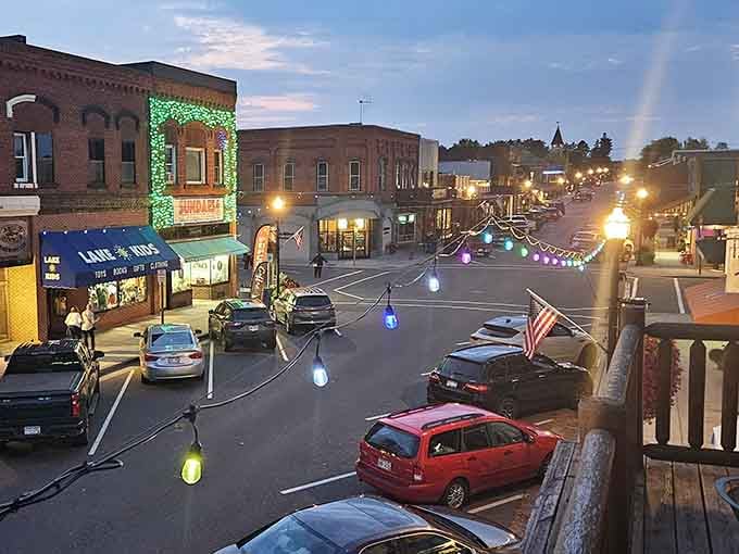 Evening lights transform the main drag into something magical, like a Hallmark movie come to life.