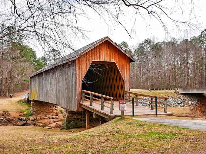 Two-tone weathered wood and that lattice entrance create architectural interest that modern concrete overpasses can only dream about achieving.
