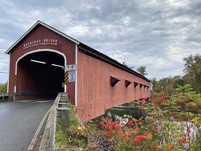 Those small rectangular windows along the red siding catch the autumn light like little picture frames of pure New York countryside.