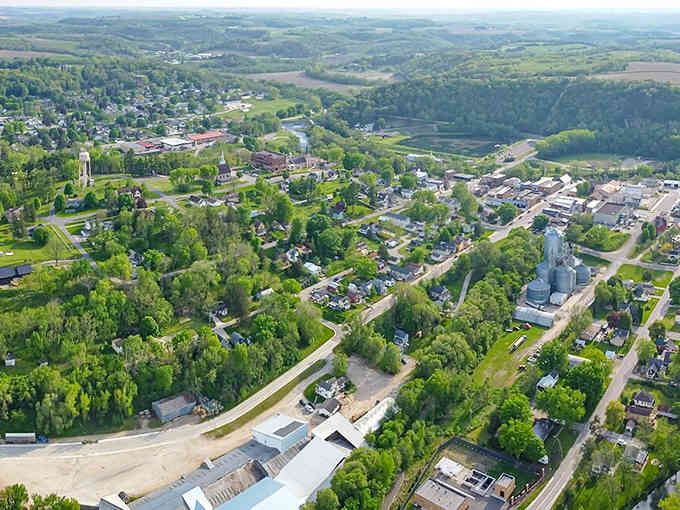 From above, this valley town nestled in green hills looks like someone's idea of the perfect escape.
