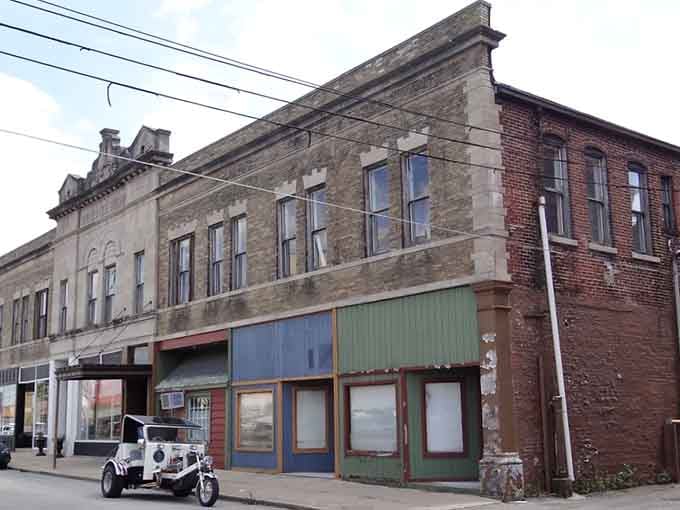 A three-wheeled curiosity parked outside Marion's weathered storefronts proves this town still has a few surprises up its sleeve.
