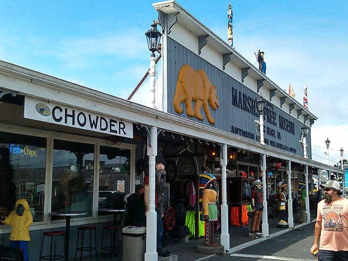 Chowder, curiosities, and a golden bear sculpture overhead make this Long Beach landmark impossible to walk past without smiling.
