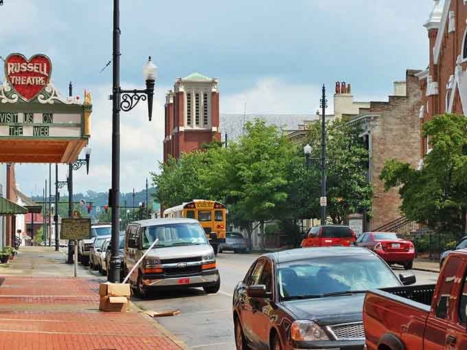 The Russell Theatre marquee glows with old-school charm, reminding everyone that Maysville has always known how to put on a good show.