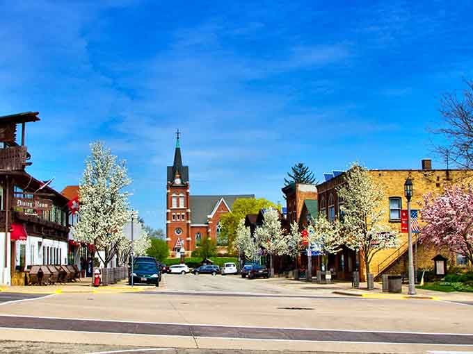 Flowering trees and a red-brick church steeple announce that spring has arrived in Wisconsin's little Switzerland.