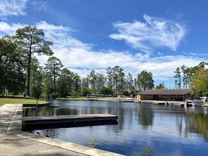 Perfect blue skies frame the boat launch where adventurers head out to explore one of America's most mysterious wetlands.