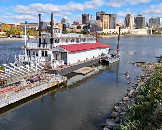 Docked proudly against the St. Paul skyline, this classic riverboat looks ready to carry you straight into a Mark Twain novel.