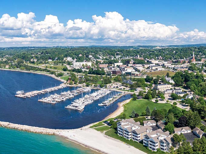 Petoskey's sparkling marina sits like a jewel along Little Traverse Bay, with sailboats lined up as neatly as a proud parade.