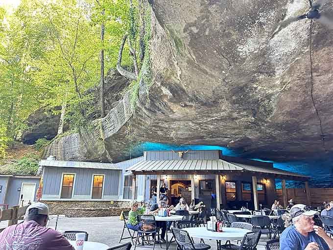 Dining under this massive stone overhang beats any fancy restaurant chandelier you've ever seen, hands down absolutely.