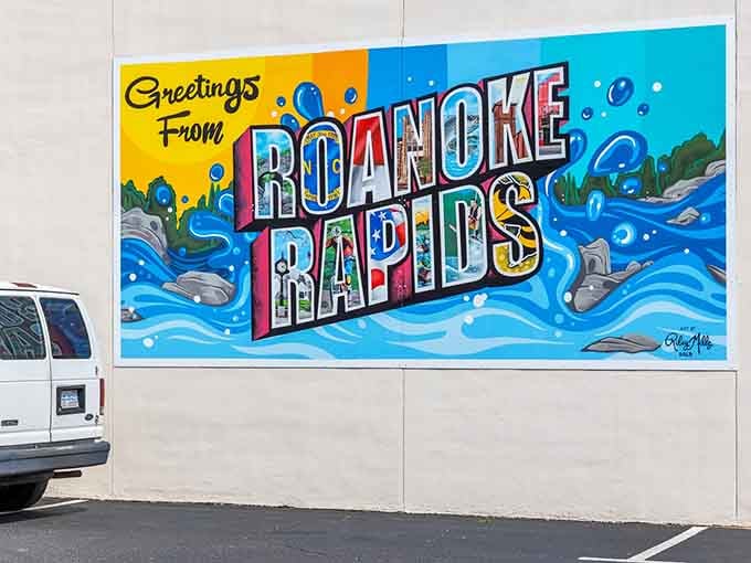 This bold, splashy mural is Roanoke Rapids saying hello with both arms wide open and a full color palette.
