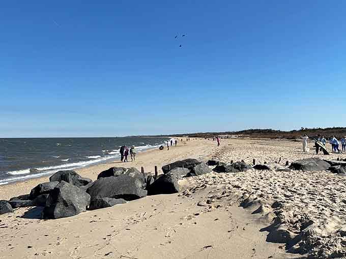 Smooth pebbles line this Delaware Bay beach where families gather nightly to applaud the disappearing sun.