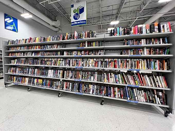 Shelves packed floor to ceiling with books and media, a reader's paradise hiding in plain sight at a fraction of bookstore prices.