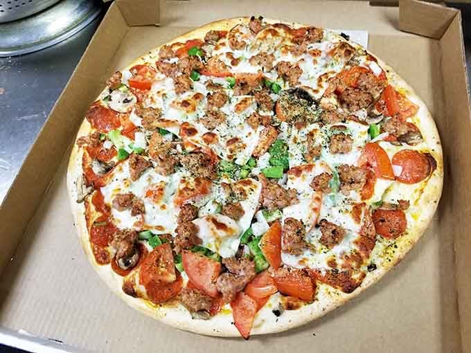 This supreme pizza is loaded with so many toppings it looks like it's showing off, and rightfully so.