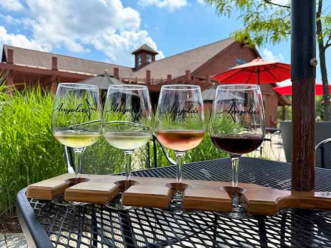 Four glasses lined up like a liquid rainbow, each one a different chapter in your afternoon story.