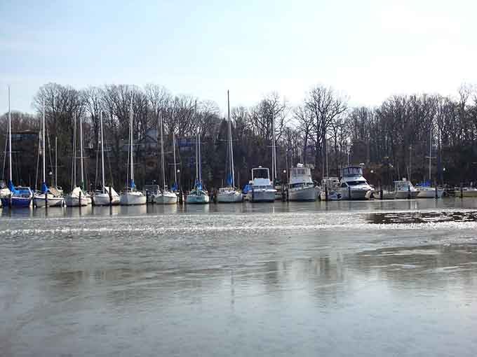 When winter quiets the Magothy River, the sailboats stand at attention like they're waiting for warmer days to call them back to work.