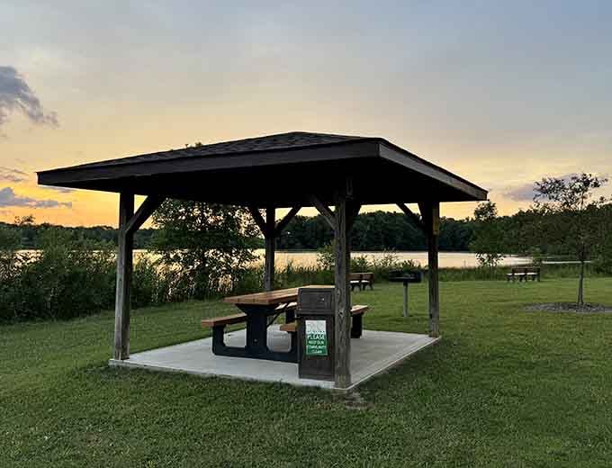 A covered picnic shelter with a sunset view that makes every sandwich taste like a five-star meal.