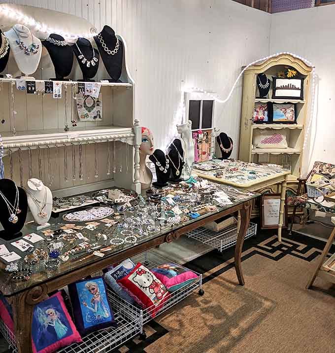Necklaces, rings, and earrings arranged just so, because someone here clearly has an eye for the beautiful things.