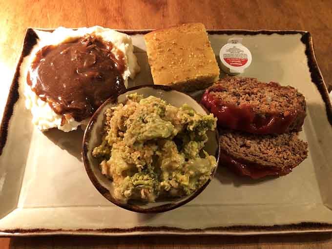 Poppy's Meatloaf with broccoli casserole and cornbread. This plate is basically a warm blanket you can eat.