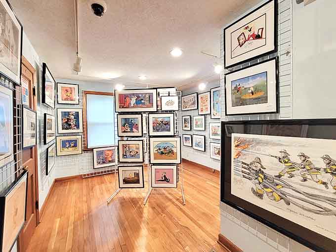 Original framed animation art lines every wall, proof that cartoons were always meant to be taken seriously.