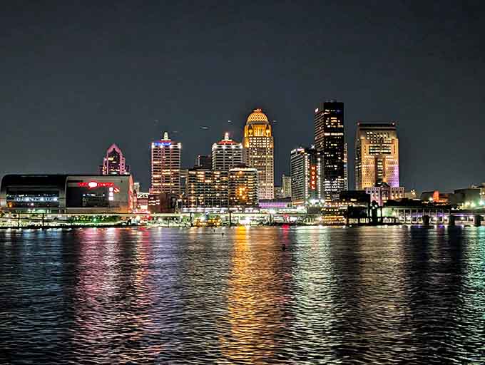 Louisville at night from the water is the kind of view that makes you forget what you were worried about.