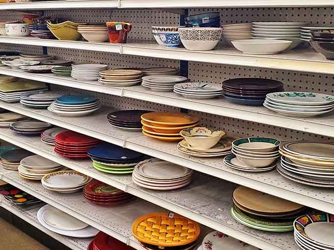 A rainbow of plates and bowls that could outfit a dinner party for practically nothing.