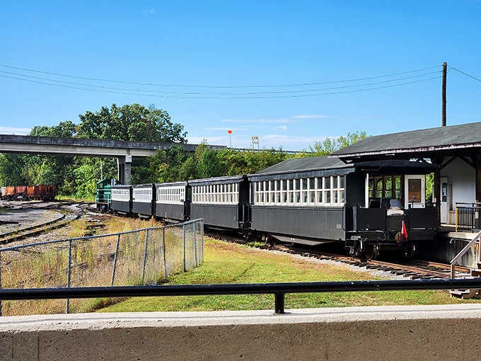 Classic passenger cars lined up at the station, looking like something straight out of a simpler, slower, better time.