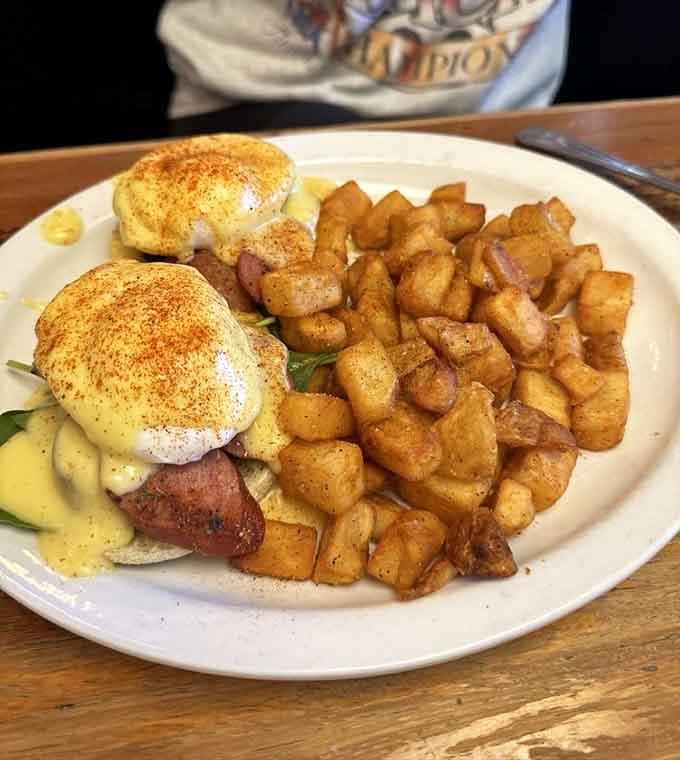 Eggs Benedict with a Cajun twist, golden hollandaise, crispy seasoned potatoes, and enough paprika to make you sit up straight.