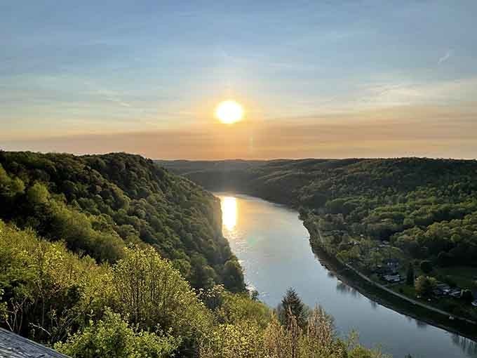 Sunset over Brady's Bend turns the river into liquid gold, the kind of view that ruins ordinary evenings forever.