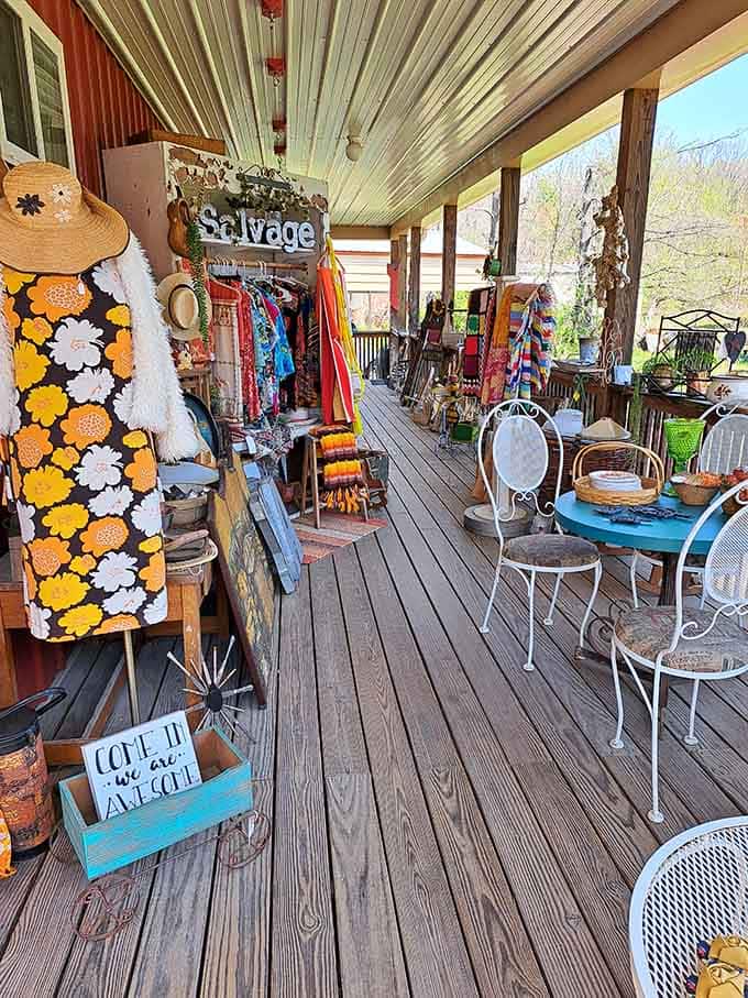 The porch display at Brown County Antique Mall proves that great finds don't always wait politely indoors for you.
